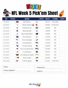 Printable NFL Week 5 Pick’em Sheet 2025 – Free PDF Download