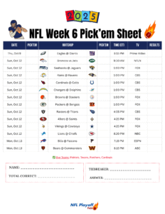 Printable NFL Week 6 Pick’em Sheet 2025 – Free PDF Download