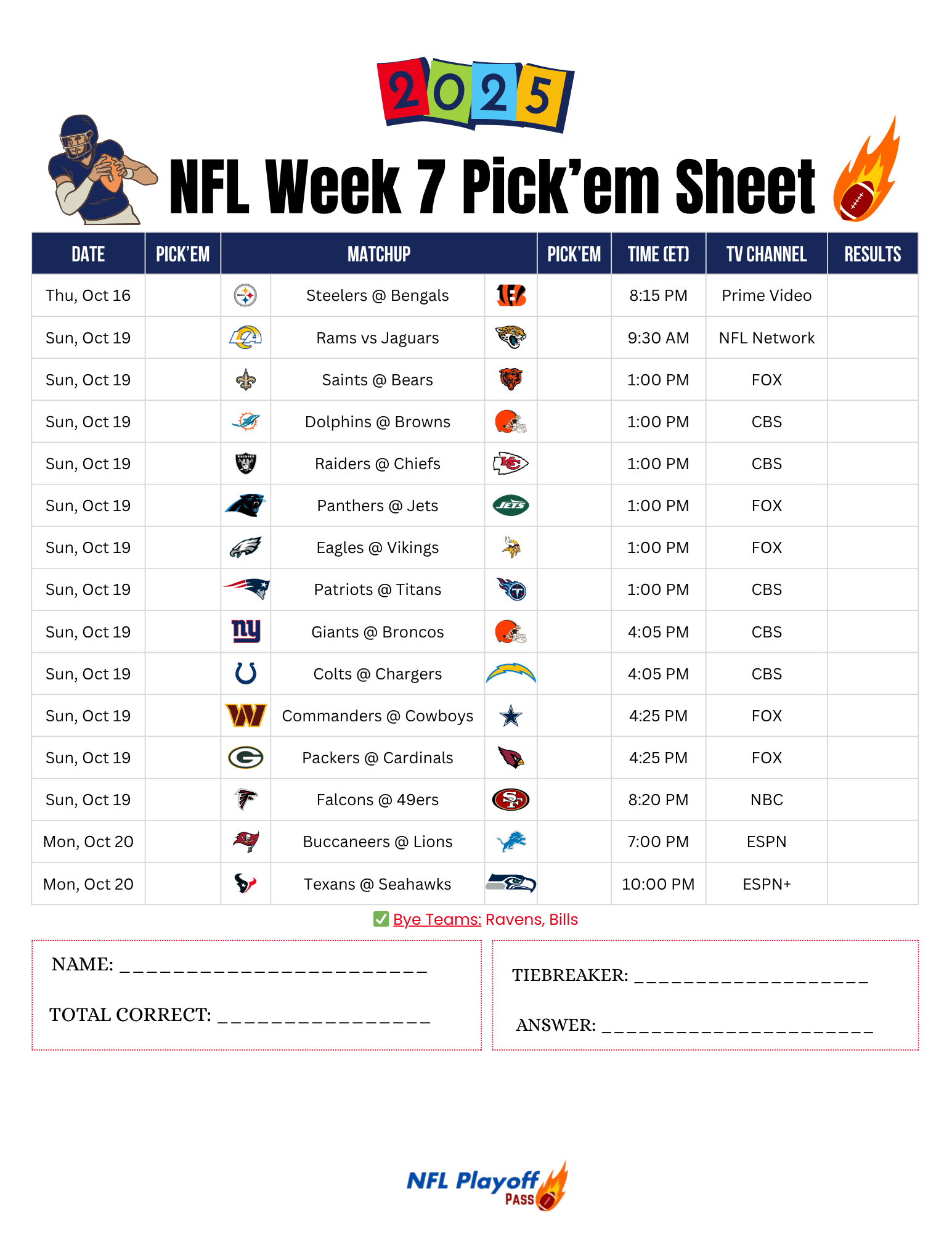 Printable NFL Week 7 Pick’em Sheet 2025 – Free PDF Download