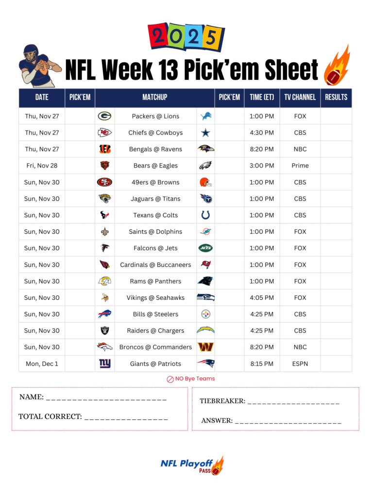Printable NFL Week 13 Pick'em Sheet 2025 – Free PDF Download
