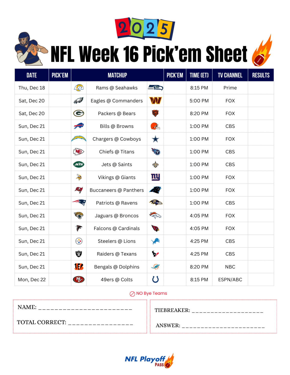 Printable NFL Week 16 Pick'em Sheet 2025 – Free PDF Download