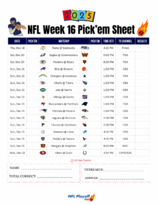 Printable NFL Week 16 Pick'em Sheet 2025 – Free PDF Download